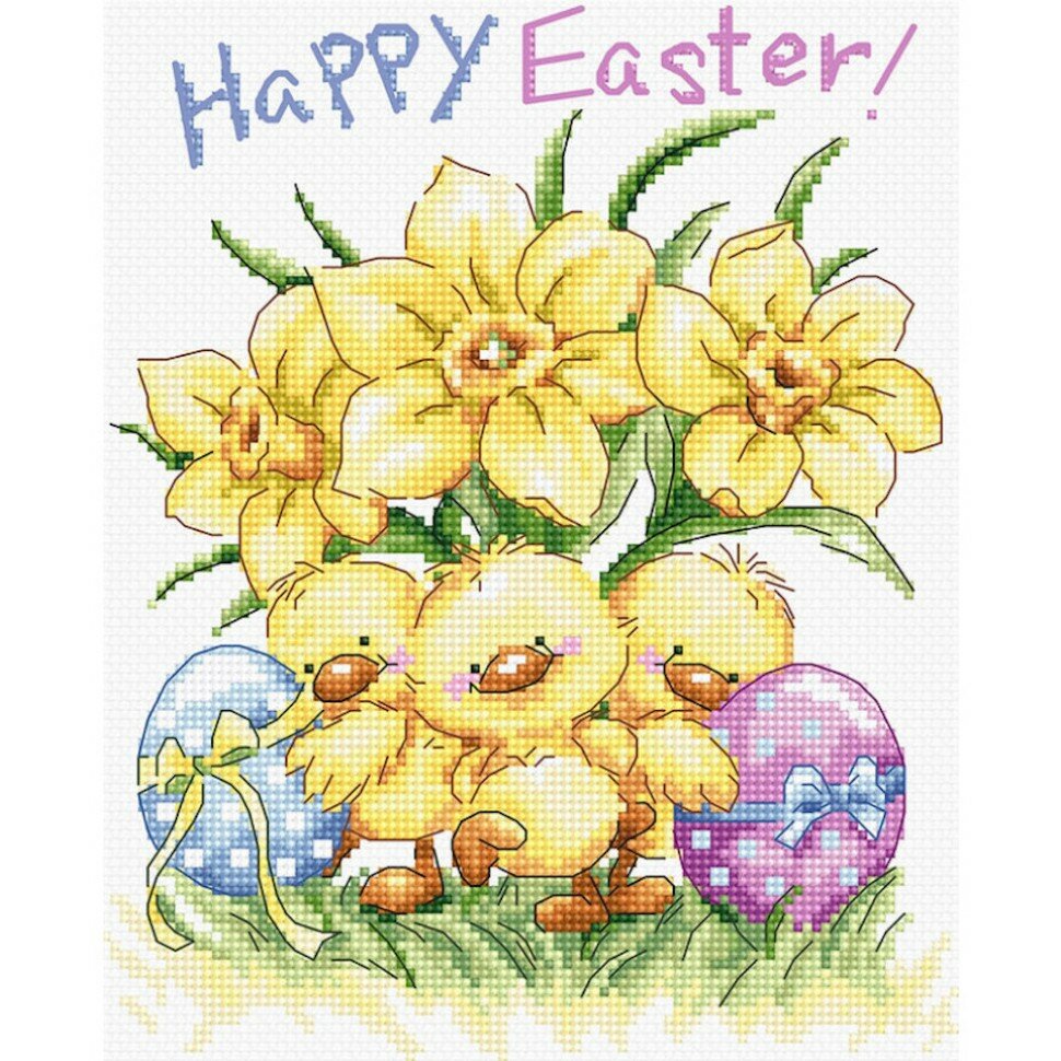 Набор для вышивания LetiStitch #L8059 Three Chicks with Daffodils and Egg (Три цыпленка с нарциссами и яйцом), Счетный крест, 15 х 18.5 см