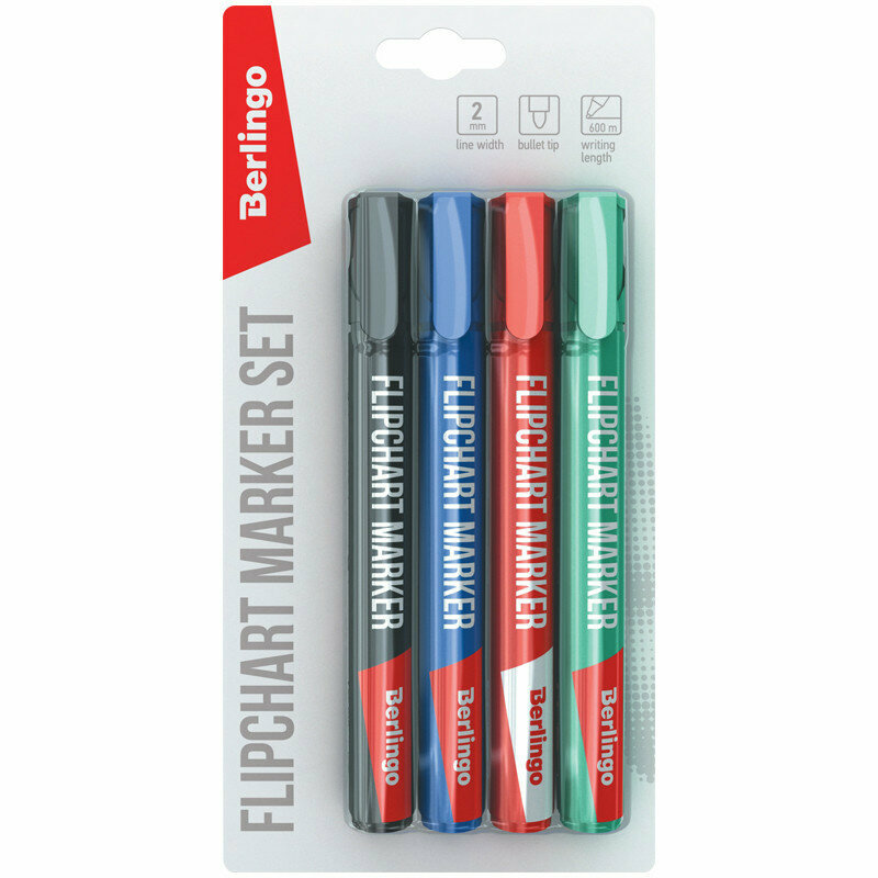 Набор маркеров для флипчартов Berlingo "Uniline FM200" 04цв, пулевидный, 2,0мм, блистер, европодвес, 210620