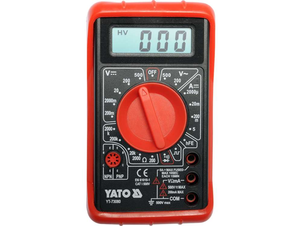 YATO YT-73080 мультиметр универсальный, u пост 0-500v, u перем 0-500v, I пост 0-5a, r 0-2 мом, проверка