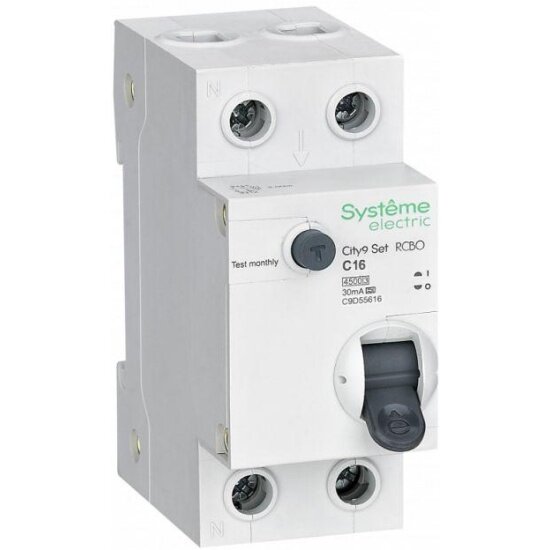 Дифференциальный автомат Systeme Electric (schneider Electric) 2п (1P+N) C 16А 30мА тип A 4.5кА City9 Set, 230В, C9D55616