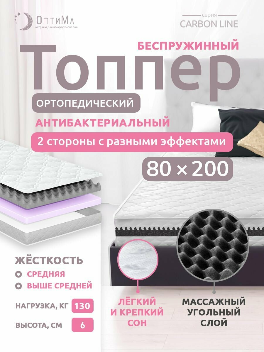 Топпер матрас 80х200 см, ОптиМа, Ортопедический, Беспружинный, высота 6 см, с массажным эффектом
