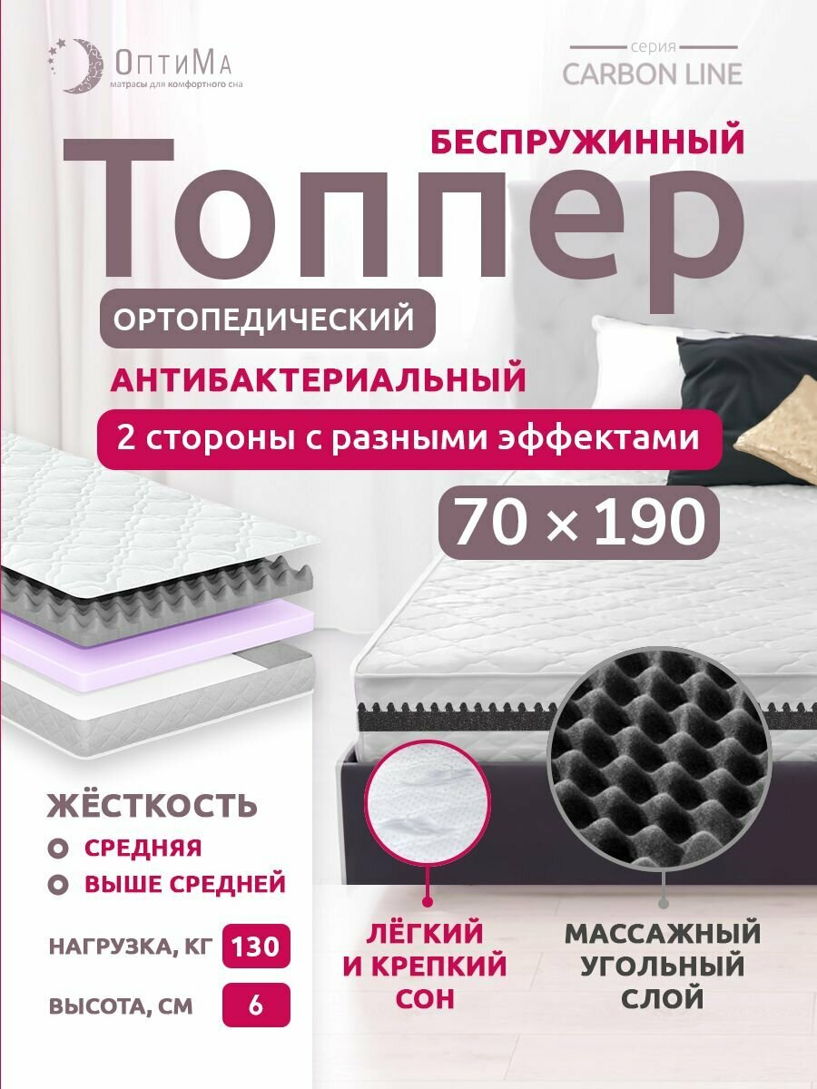 Топпер матрас 70х190 см, ОптиМа, Ортопедический, Беспружинный, высота 6 см, с массажным эффектом