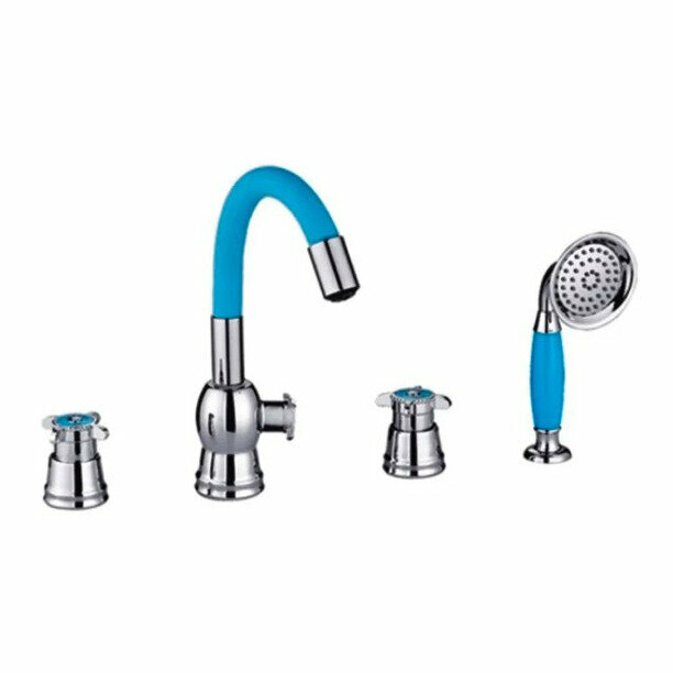 Смеситель для ванны Potato хром голубой двухвентильный гибкий излив монтаж на борт ванны