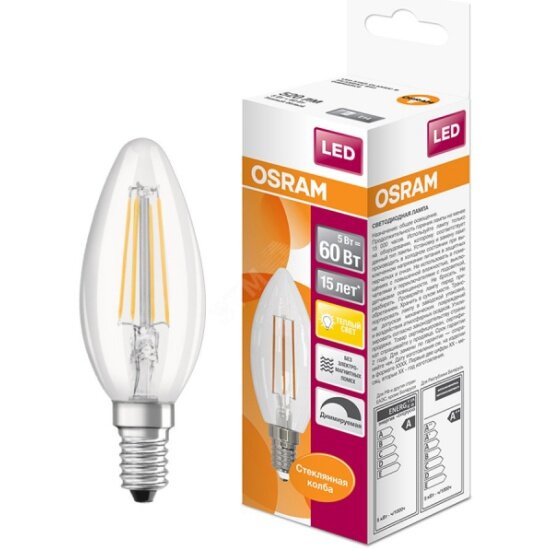 Светодиодная лампа Ledvance-osram OSRAM LED PSCL B60 DIM 5W/827 230V CL FIL E14 600lm FS1