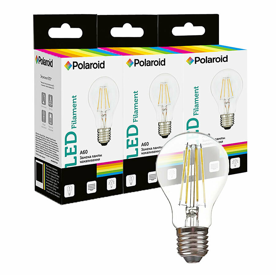 Филаментная светодиодная лампа Polaroid 220V FIL A60 4W 3000K E27 470lm (3 шт.)