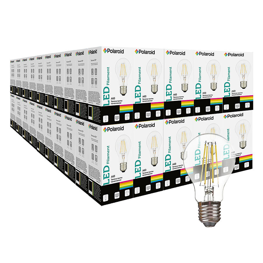 Филаментная светодиодная лампа Polaroid 220V FIL A60 7W 6500K E27 806lm (100 шт.)
