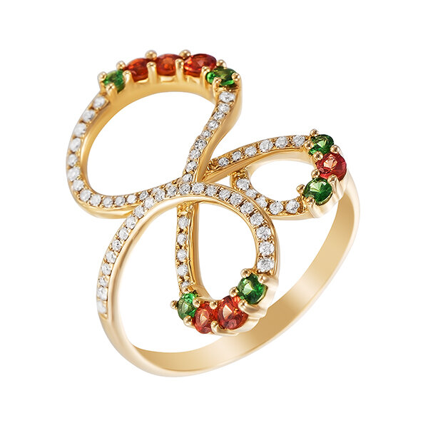 Кольцо, желтое золото, 585 проба, бриллиант, сапфир, цаворит