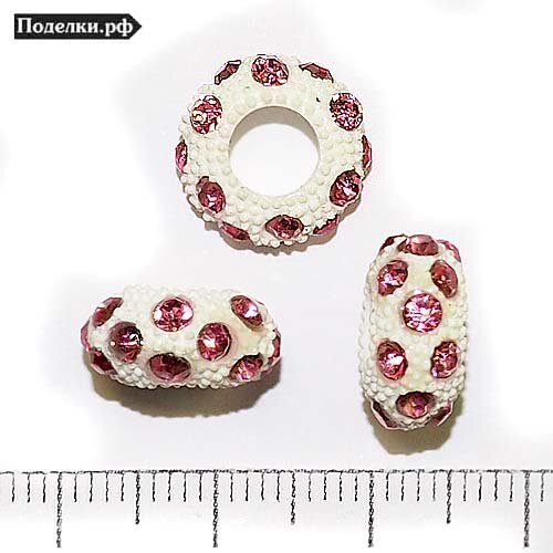 Бусина смола 0009209 белая с розовыми стразами 12x6 мм, цена за 4 шт.