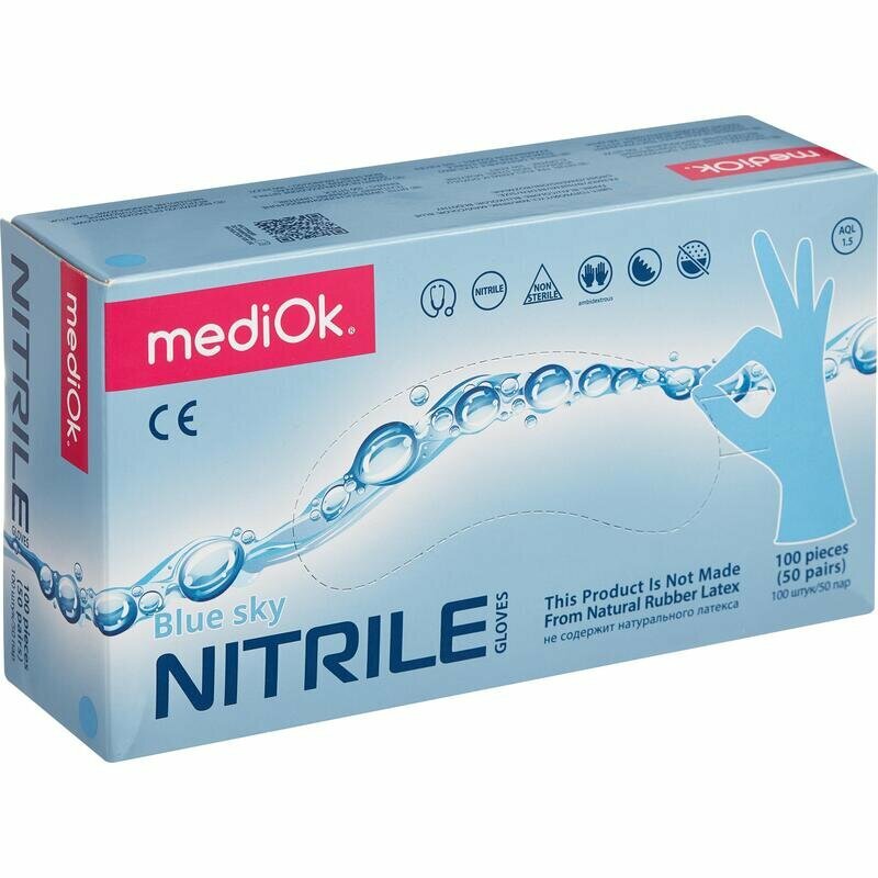 Перчатки медицинские смотровые нитриловые MediOk Blue Sky нестерильные неопудренные размер L 8-9 голубые 100 штук в упаковке, 1741445