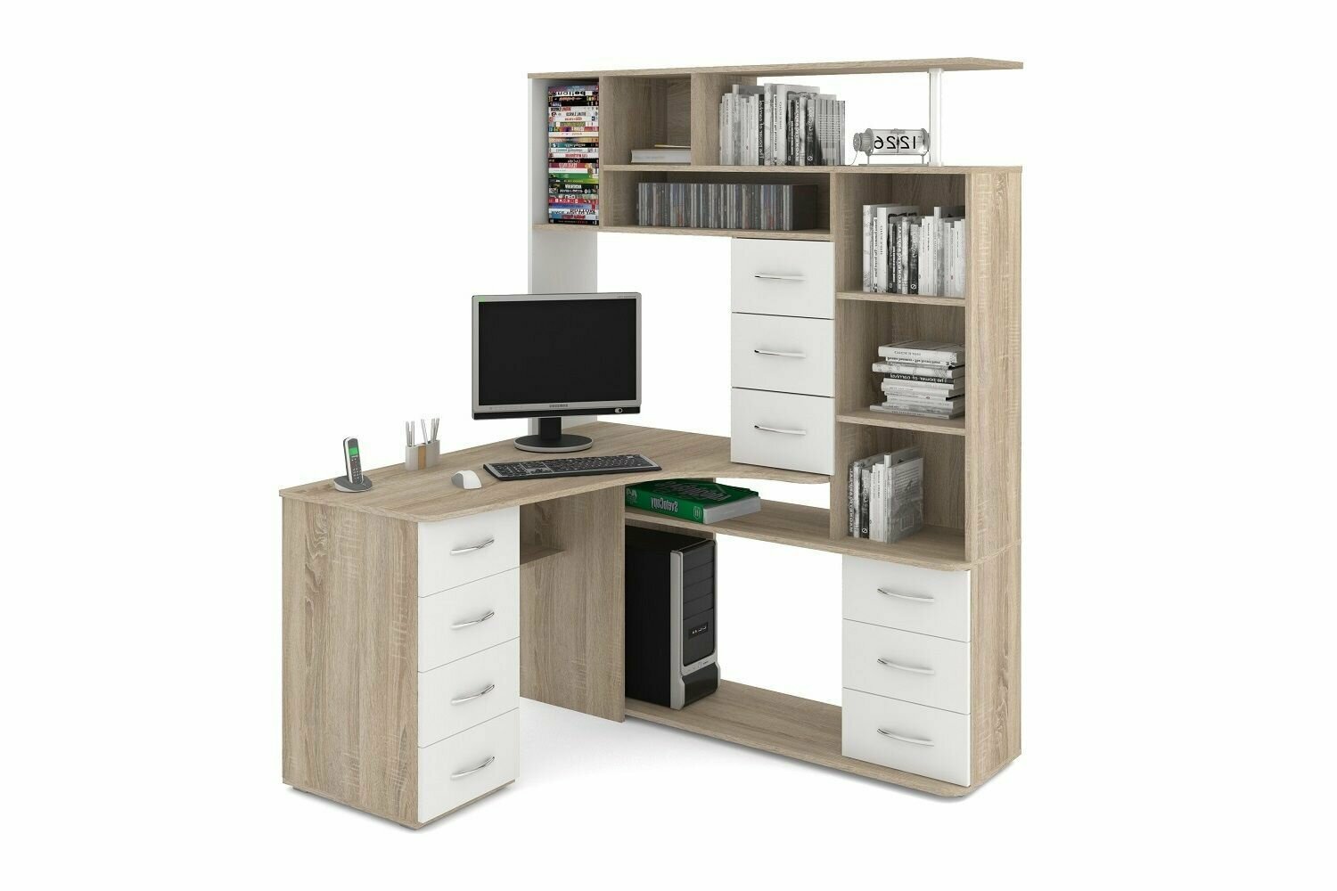 Стол компьютерный СКУ-5 ЛДСП корпус дуб сонома, фасад белый, надстройка справа