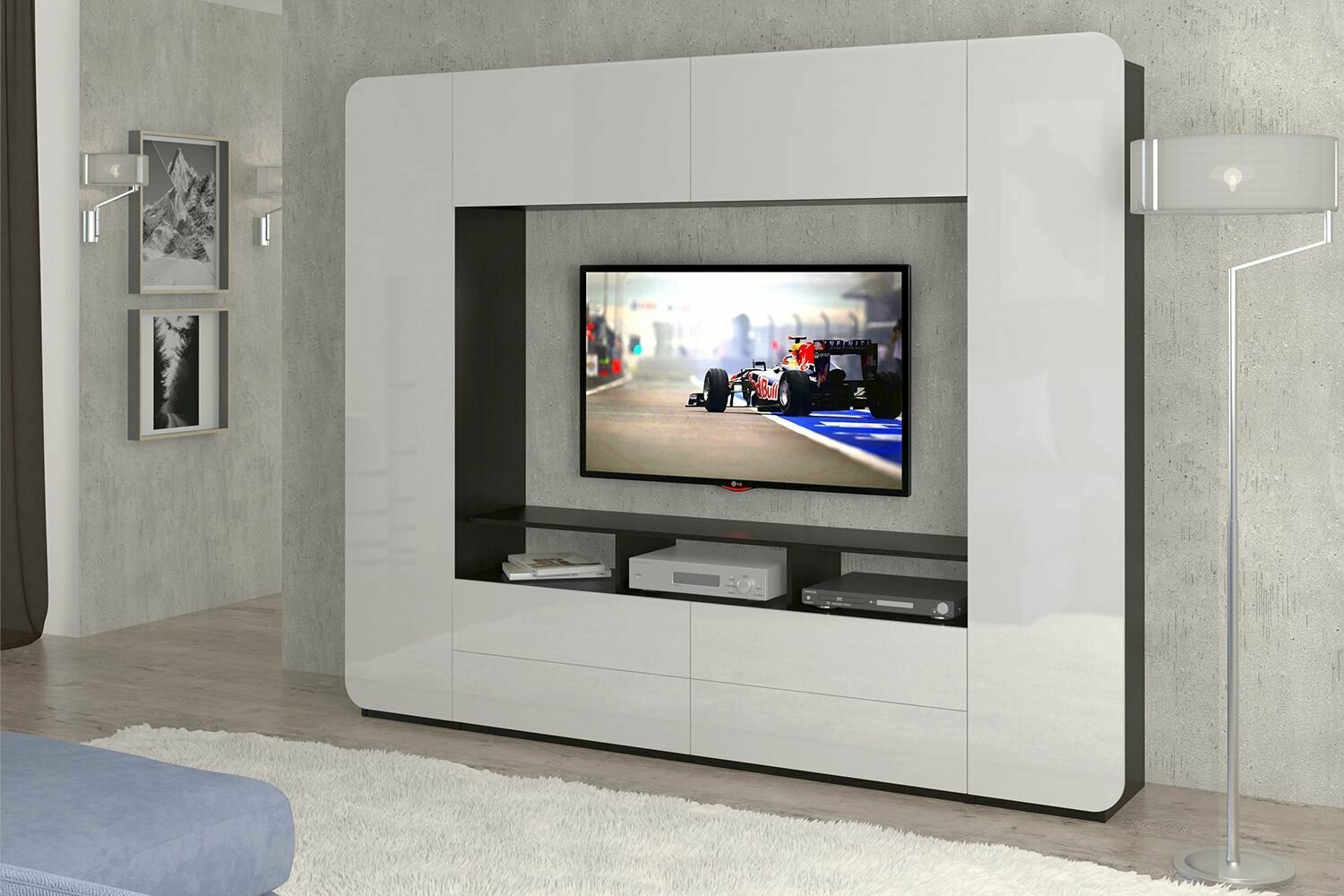 Стенка МногоМеб Лестер 1 240х43х195 корпус черный, фасад белый глянец DM1200, push to open