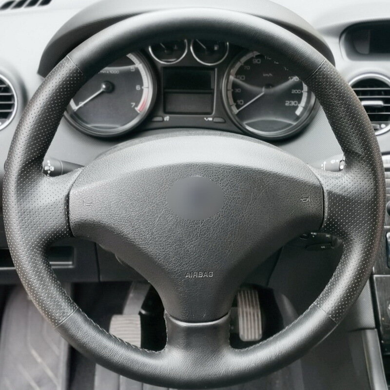 Накладка из натуральной кожи "Кожа рулит" на руль Peugeot 308 I (2007-2013), Peugeot 408 I (2012-2014), черная, для руля бз штатной накладки