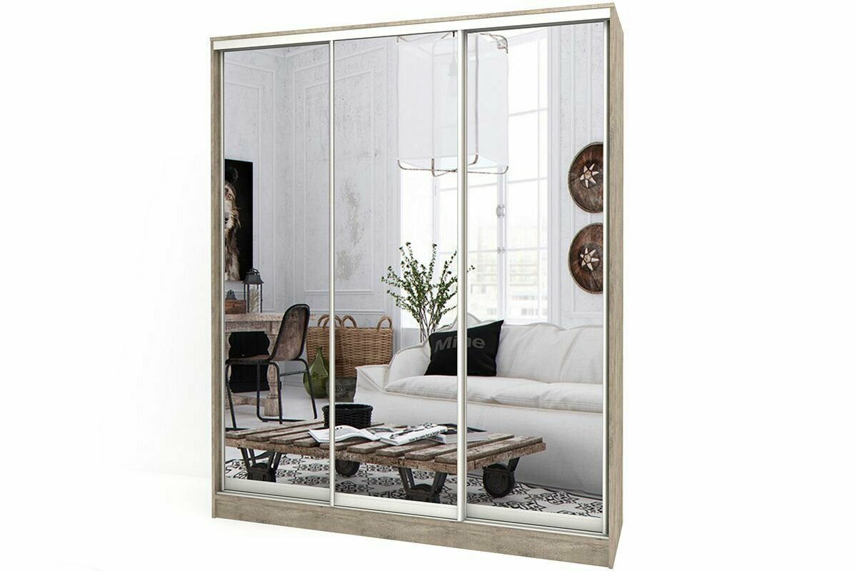 Шкаф-купе для одежды МногоМеб Версаль трехдверный 190x60x220, 3 зеркала, дуб сонома
