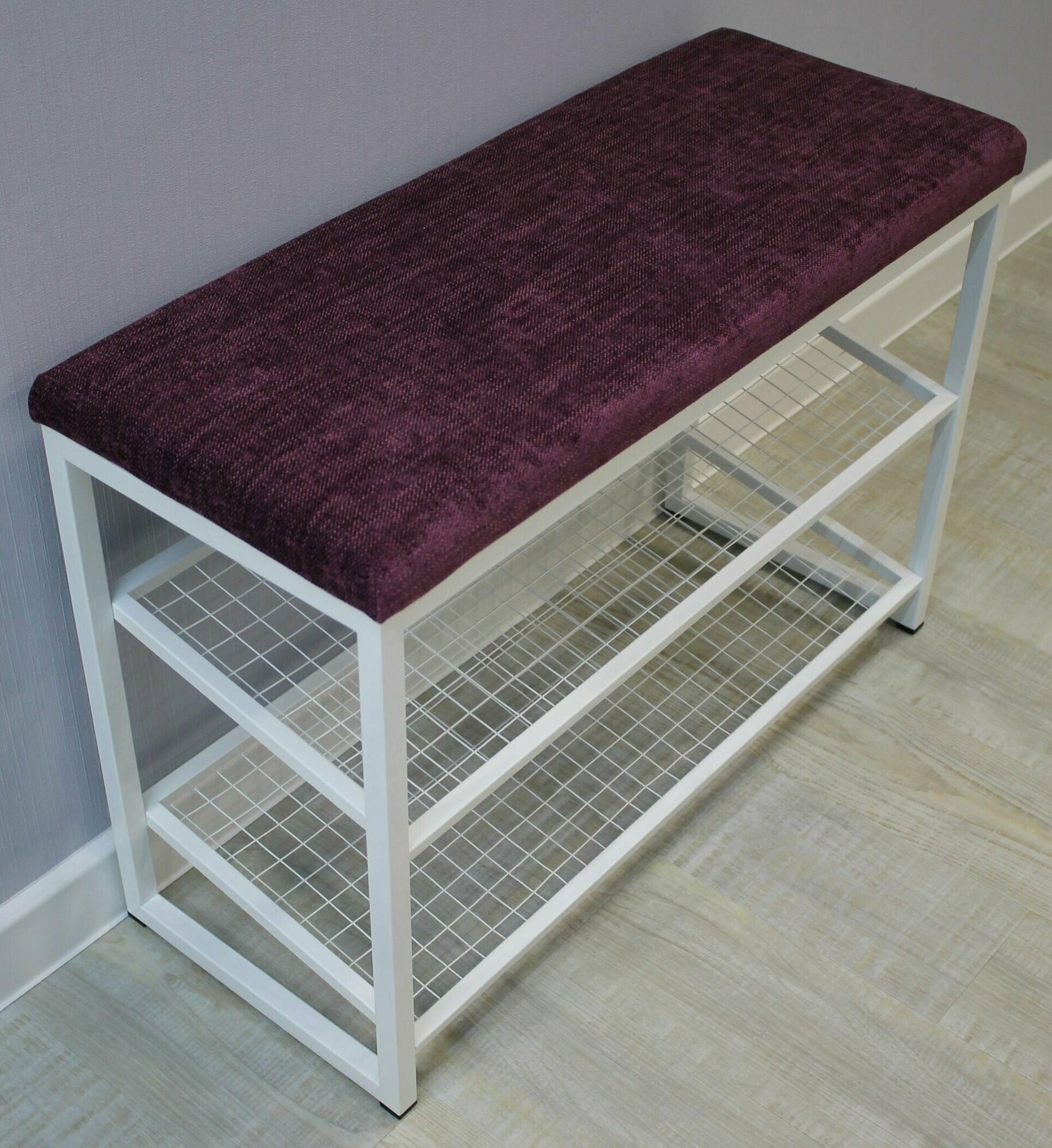 Обувница с мягким сиденьем "Энни" / 75х30х52см / белый каркас - бордовый шенилл