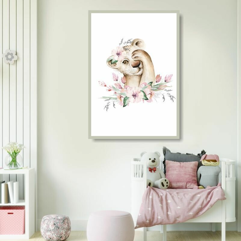 Постер Львенок с Цветами Для Детской Тип 1 30х40 см в тубусе ПолиЦентр