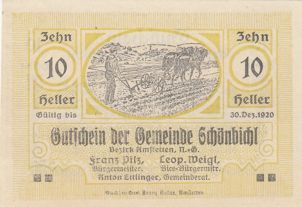 Австрия, Шёнбихль 10 геллеров 1920 г. (№2)