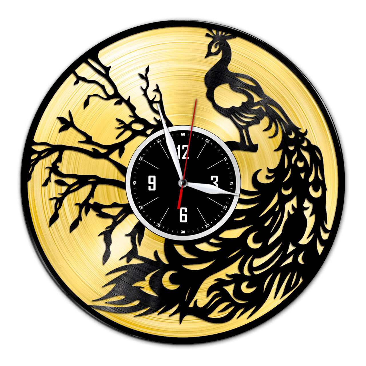 Павлин - настенные часы из виниловой пластинки (с золотой подложкой)