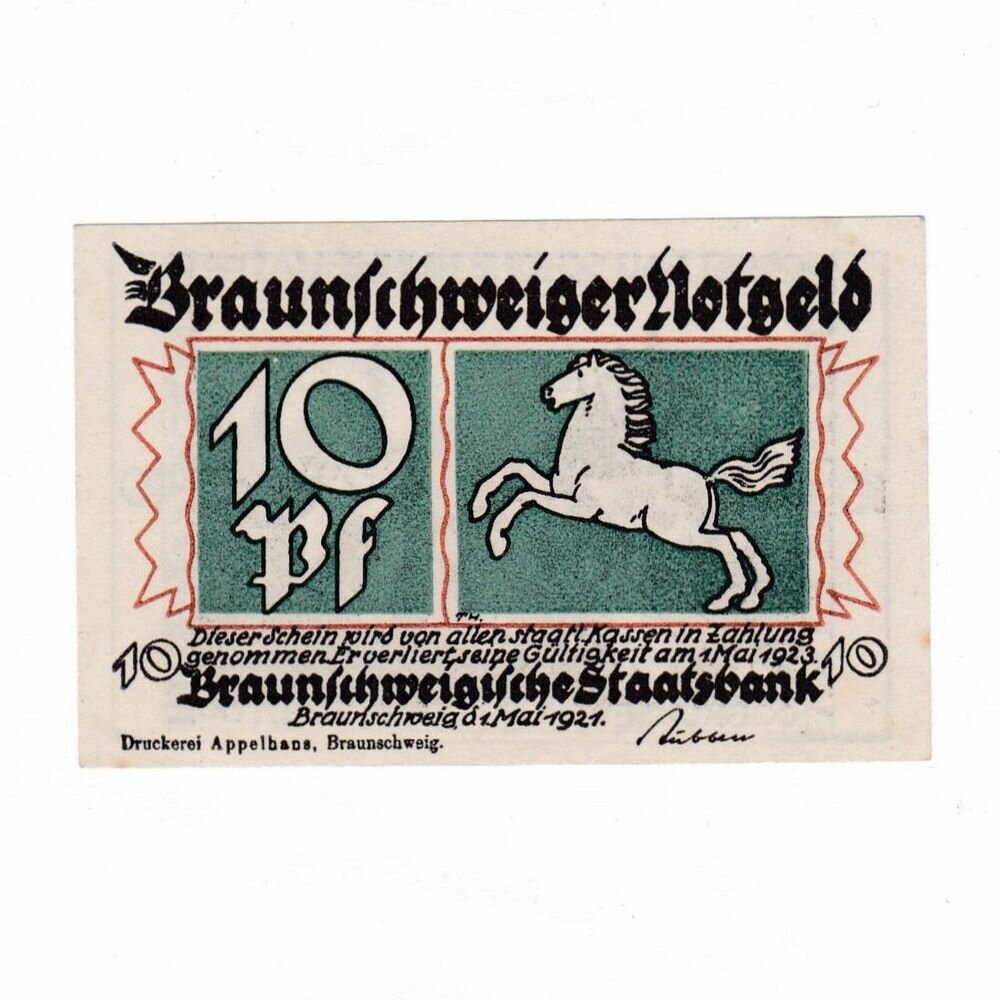 Германия (Веймарская Республика) Брауншвейг 10 пфеннигов 01.05.1921 г. (Вид 3)