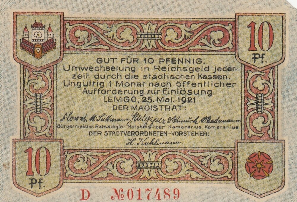 Германия (Веймарская Республика) Лемго 10 пфеннигов 1921 г. (Вид 2)