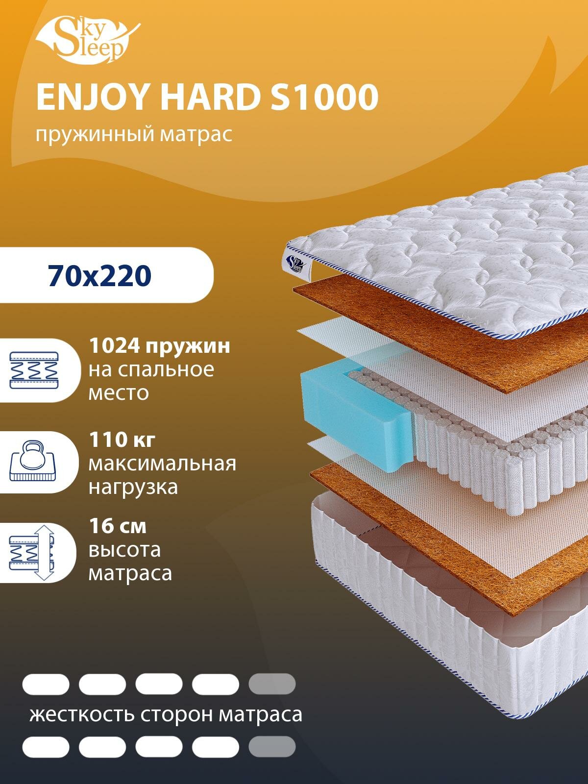 Ортопедический матрас SkySleep с независимыми пружинами ENJOY HARD S1000 на кровать 70x220