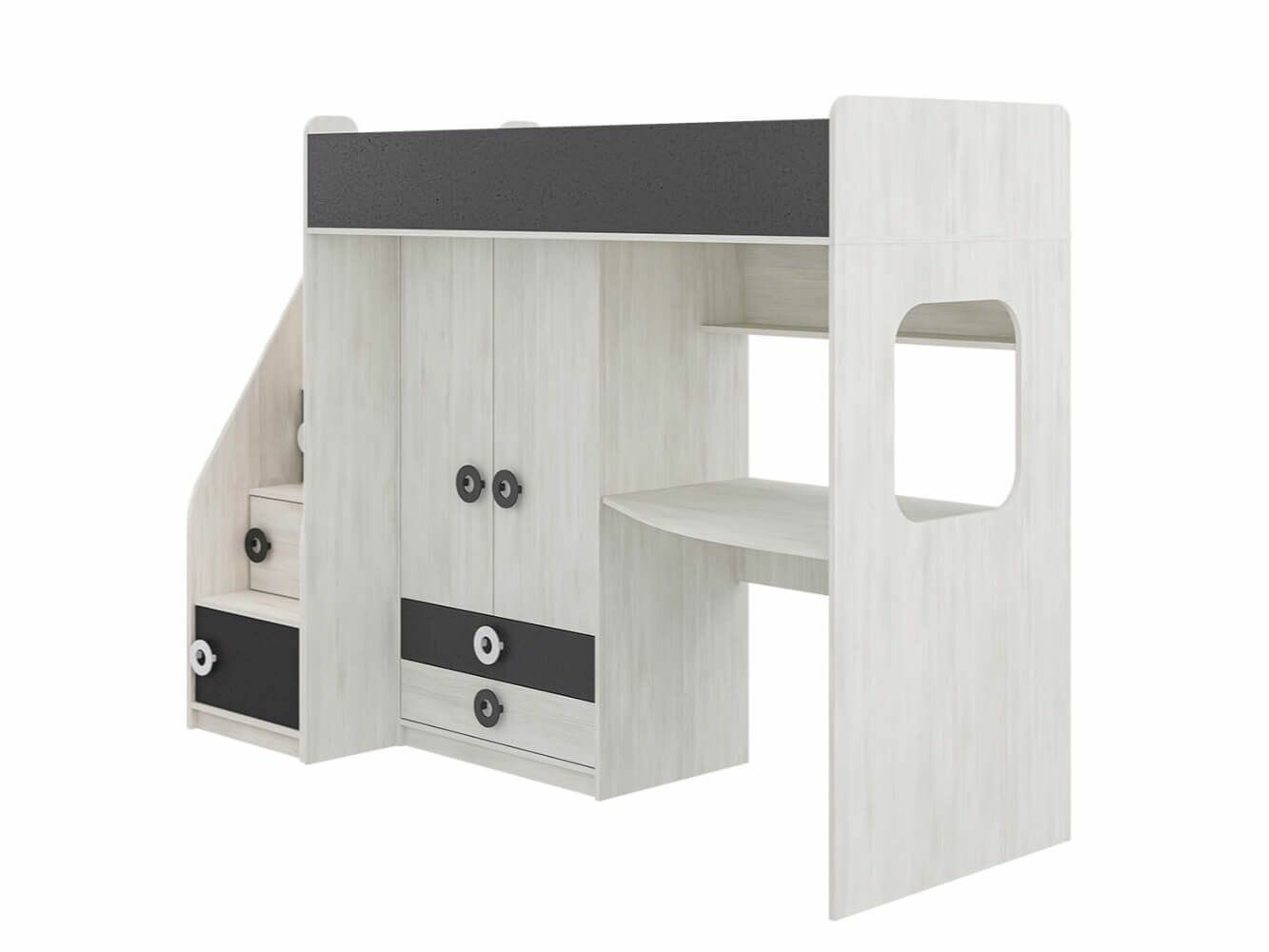 Кровать-чердак Адель с лестницей, Светлое дерево/Графит, сп. место 80x180, ЛДСП