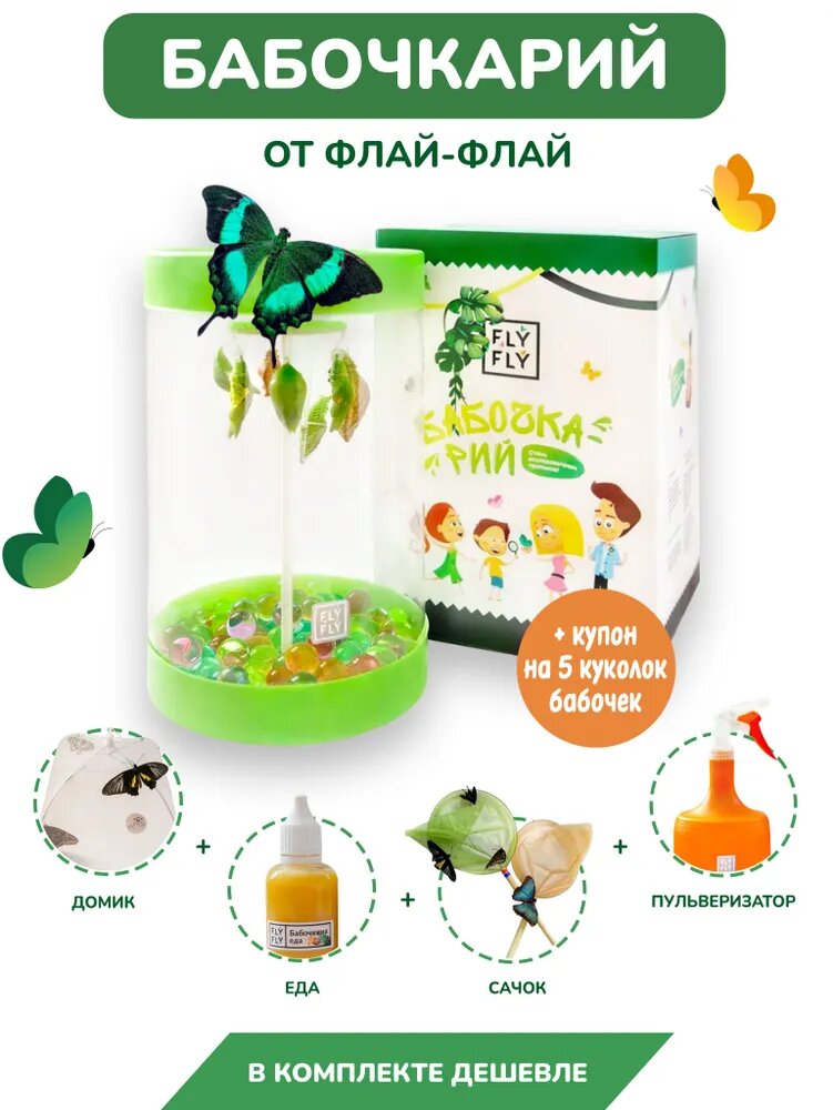 Ферма бабочек "Бабочкарий"+купон на 5 куколок, детский развивающий набор для исследований от Флай-Флай, в комплекте еда, домик, сачок и увлажнитель, набор опытов подарки в школу на день рождения детям