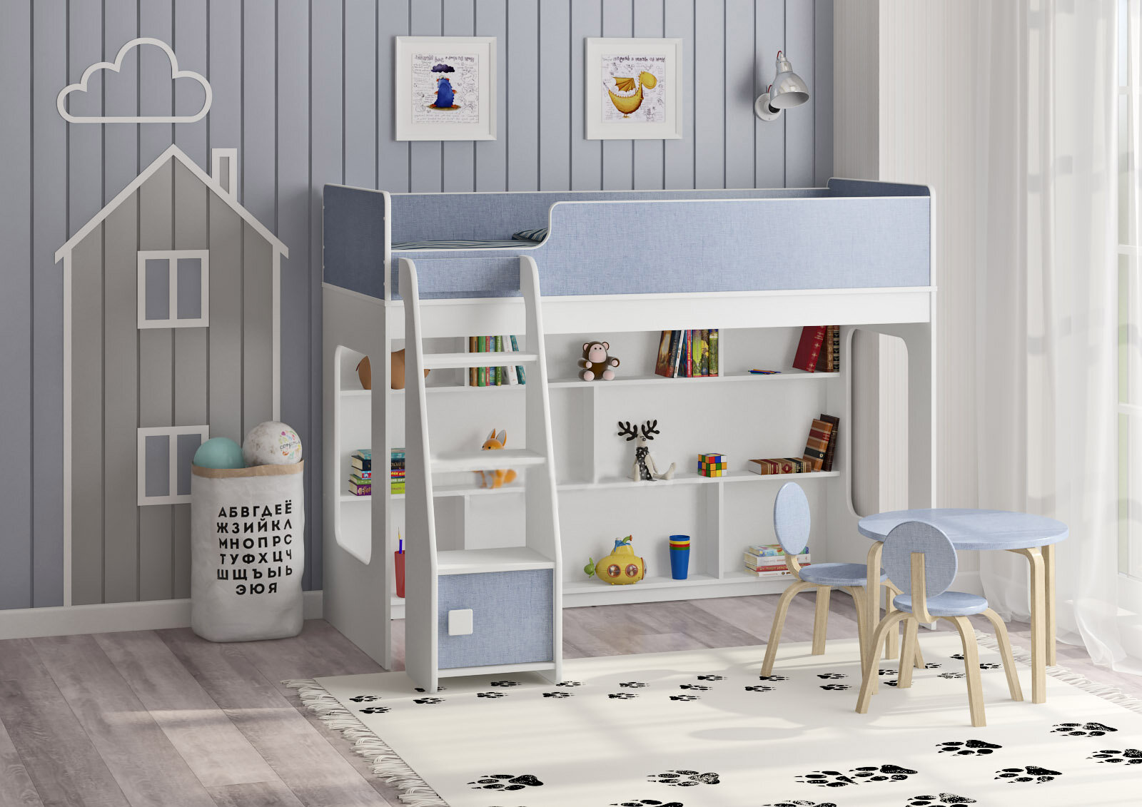 Кровать чердак Л-42.3.1 Белый Светло Синий/Голубой