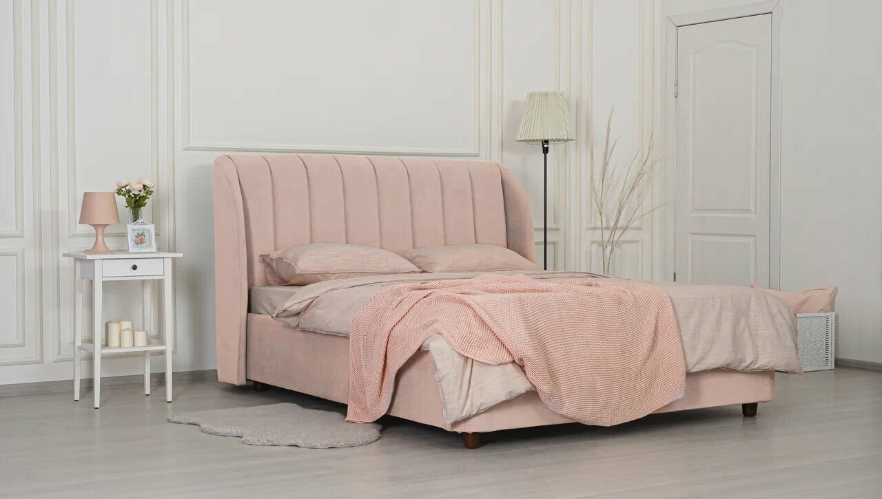 Двуспальная кровать 120х200, "Hellen" с мягким изголовьем для дома, для спальни, ортопедическое основание. Велюр Пудровый (без подъёмного механизма) Teddy 026
