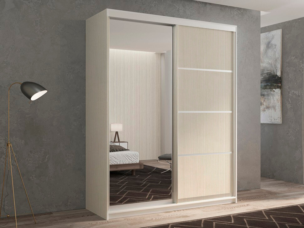 Шкаф купе для одежды Ронни 2, МФ-Купе, с зеркалом, 140х60х240, платье/белье, цвет бодега белая