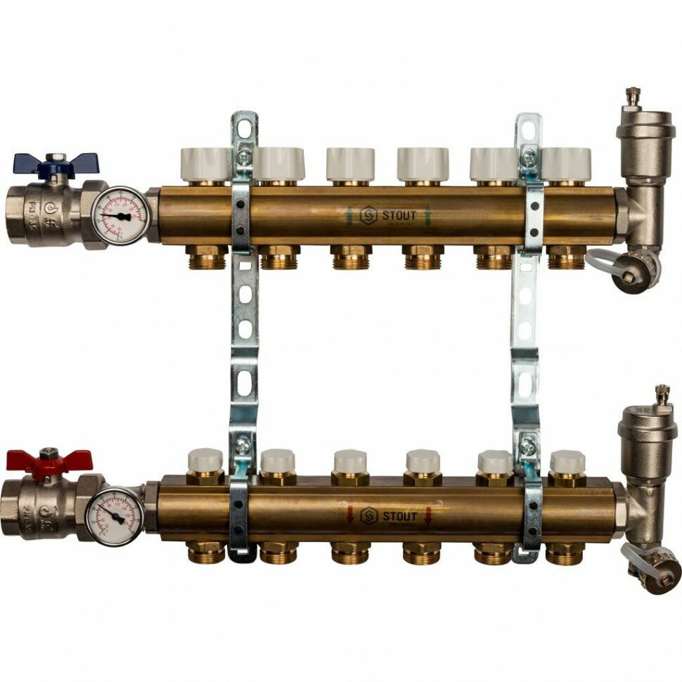 Коллектор из латуни с запорными клапанами 6 вых. Stout (SMB 0468 000006)