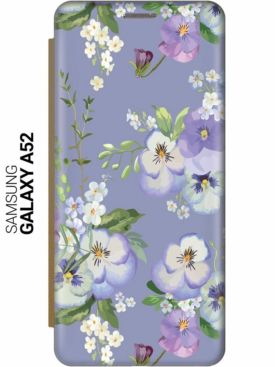 Чехол-книжка на Samsung Galaxy A52, Самсунг А52 c принтом "Цветочки на синем фоне" золотистый