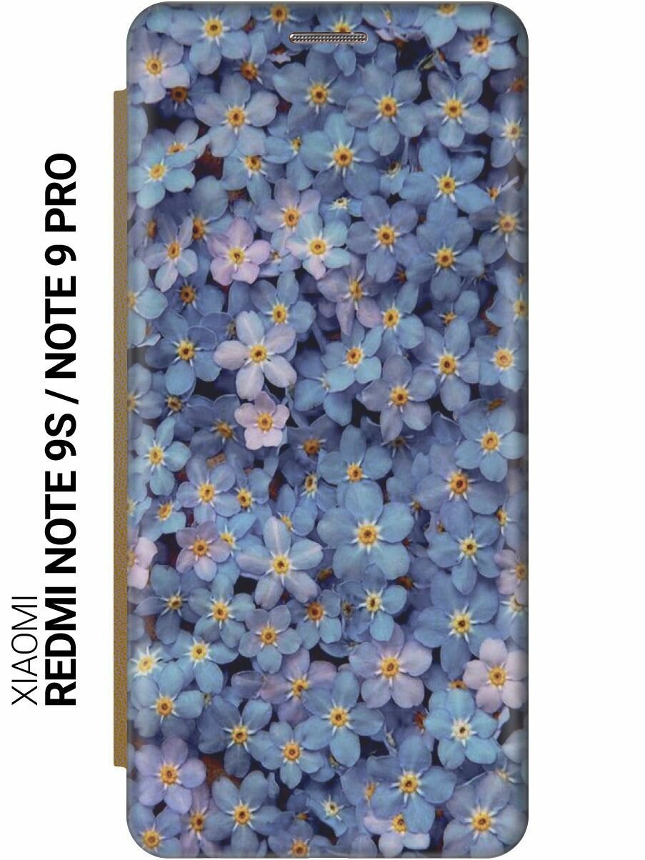 Чехол-книжка на Xiaomi Redmi Note 9s, Note 9 Pro, Сяоми Редми Ноут 9с, Ноут 9 Про c принтом "Голубые фиалки" золотистый