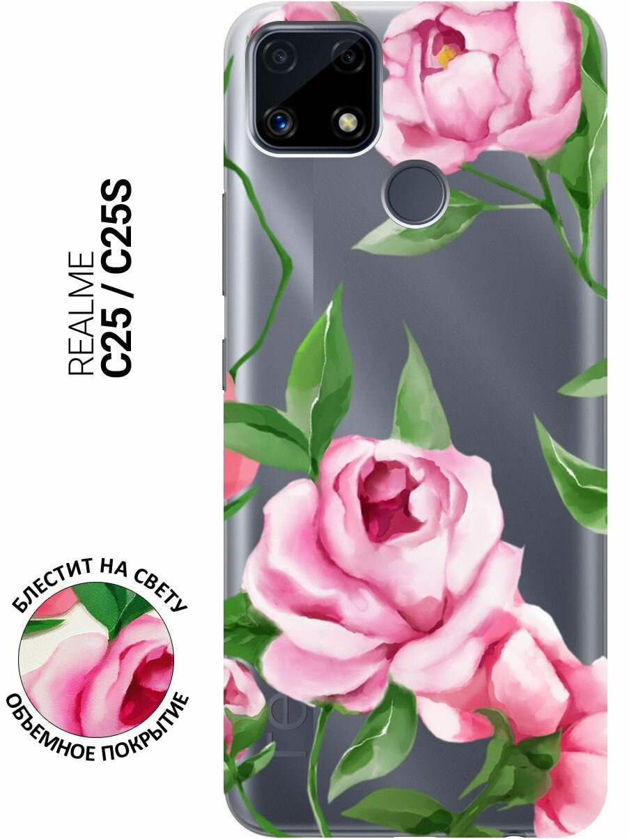 Силиконовый чехол на Realme C25, C25S, Рилми С25, С25с с 3D принтом "Amazing Peonies" прозрачный