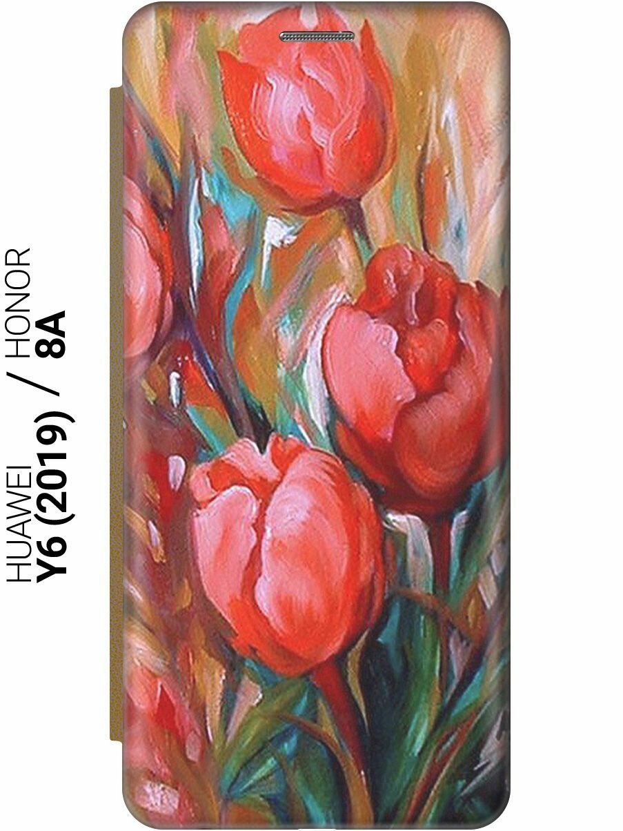 Чехол-книжка на Honor 8A, 8A Pro, Huawei Y6 (2019), Y6 Prime (2019), Хуавей Хонор 8а c принтом "Тюльпаны" золотистый