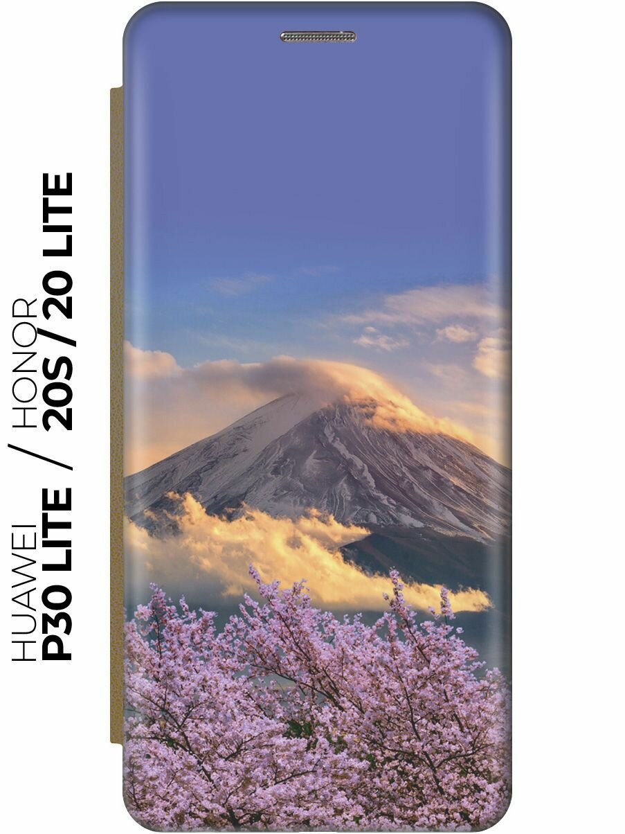 Чехол-книжка Сакура и горы на Honor 20 Lite / 20s / Huawei P30 Lite / Хуавей П30 Лайт / Хонор 20 Лайт / 20s золотой