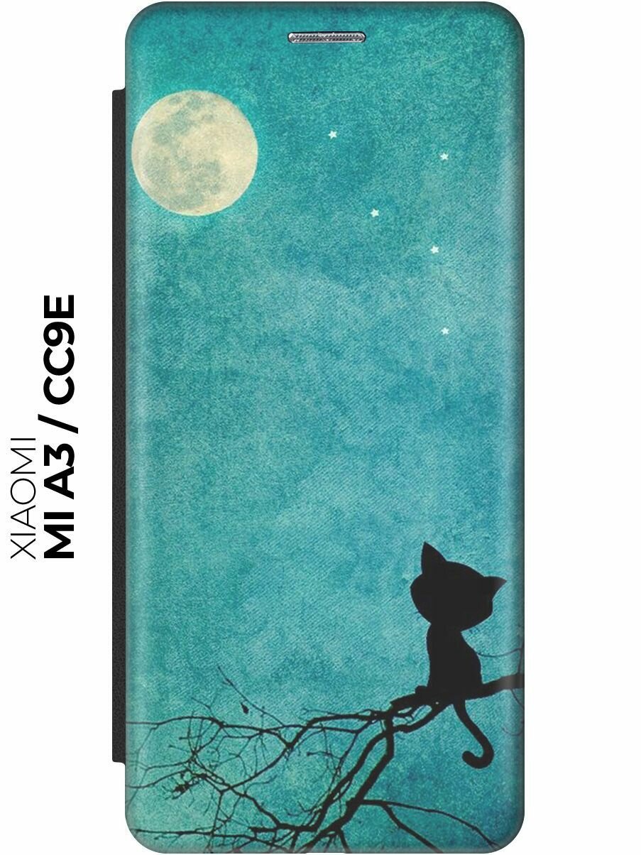 Чехол-книжка Котенок и луна на Xiaomi Mi A3 / CC9e / Сяоми Ми А3 / Ми СС9е черный