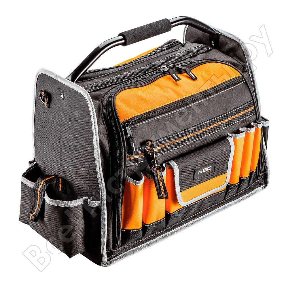 Сумка монтера NEO Tools 84-301 с наплечным ремнем, металлической ручкой, отделением для ключей, черно‑оранжевого дизайна