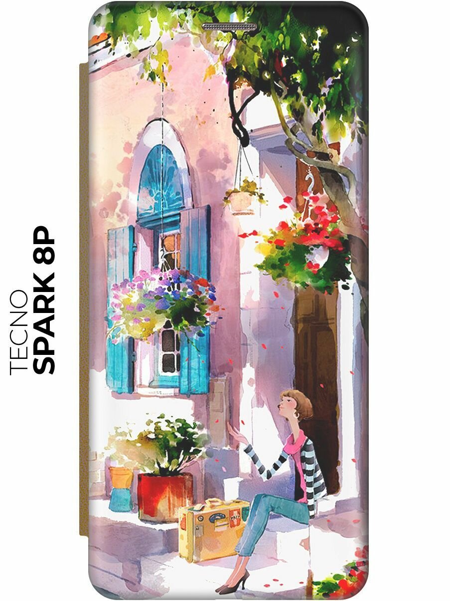 Чехол-книжка Девочка на цветущей улочке на Tecno Spark 8P / Техно Спарк 8Р золотой
