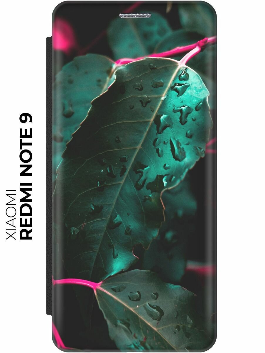 Чехол-книжка Капли на листьях на Xiaomi Redmi Note 9 / Сяоми Редми Ноут 9 черный