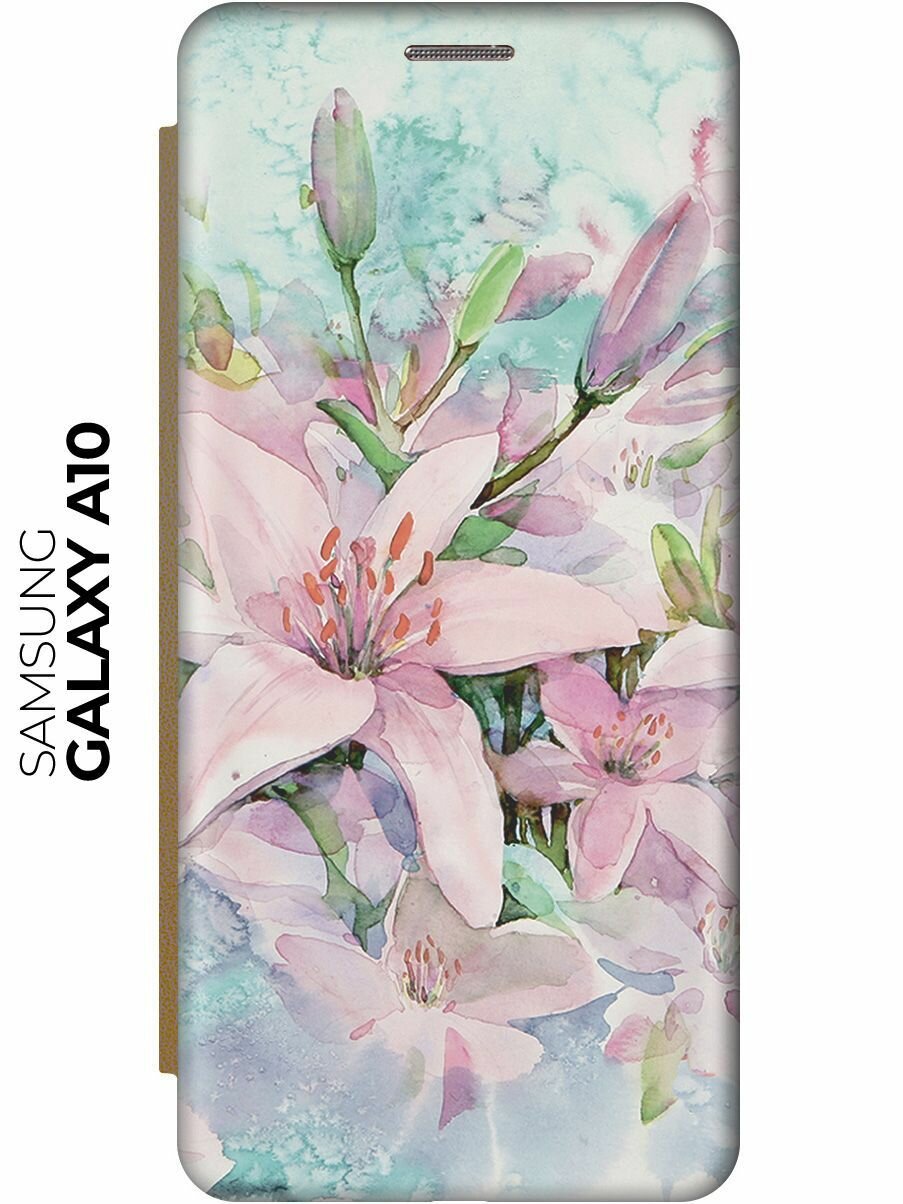 Чехол-книжка Нежные розовые цветы на Samsung Galaxy A10 / Самсунг А10 золотой