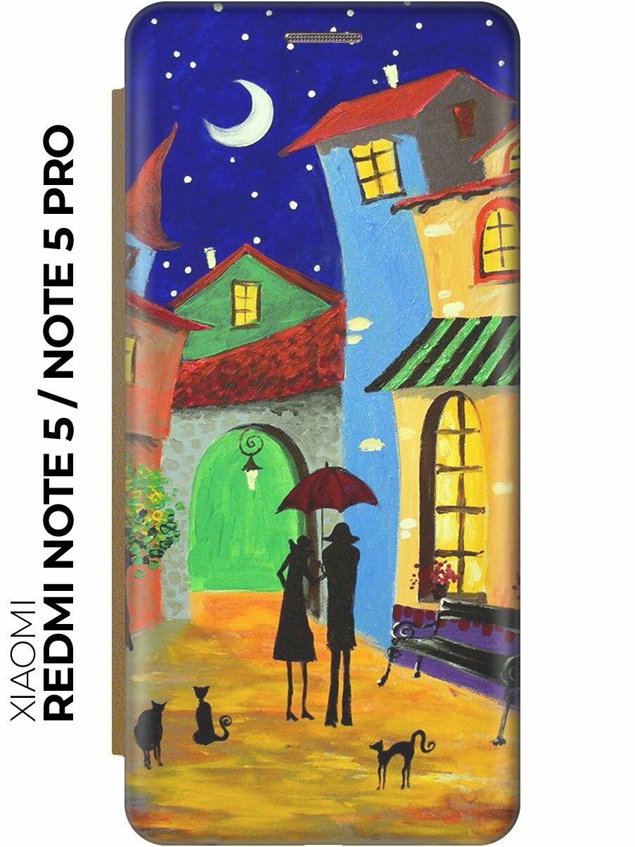 Чехол-книжка Разноцветный город на Xiaomi Redmi Note 5 / Note 5 Pro / Сяоми Редми Ноут 5 / Ноут 5 Про золотой