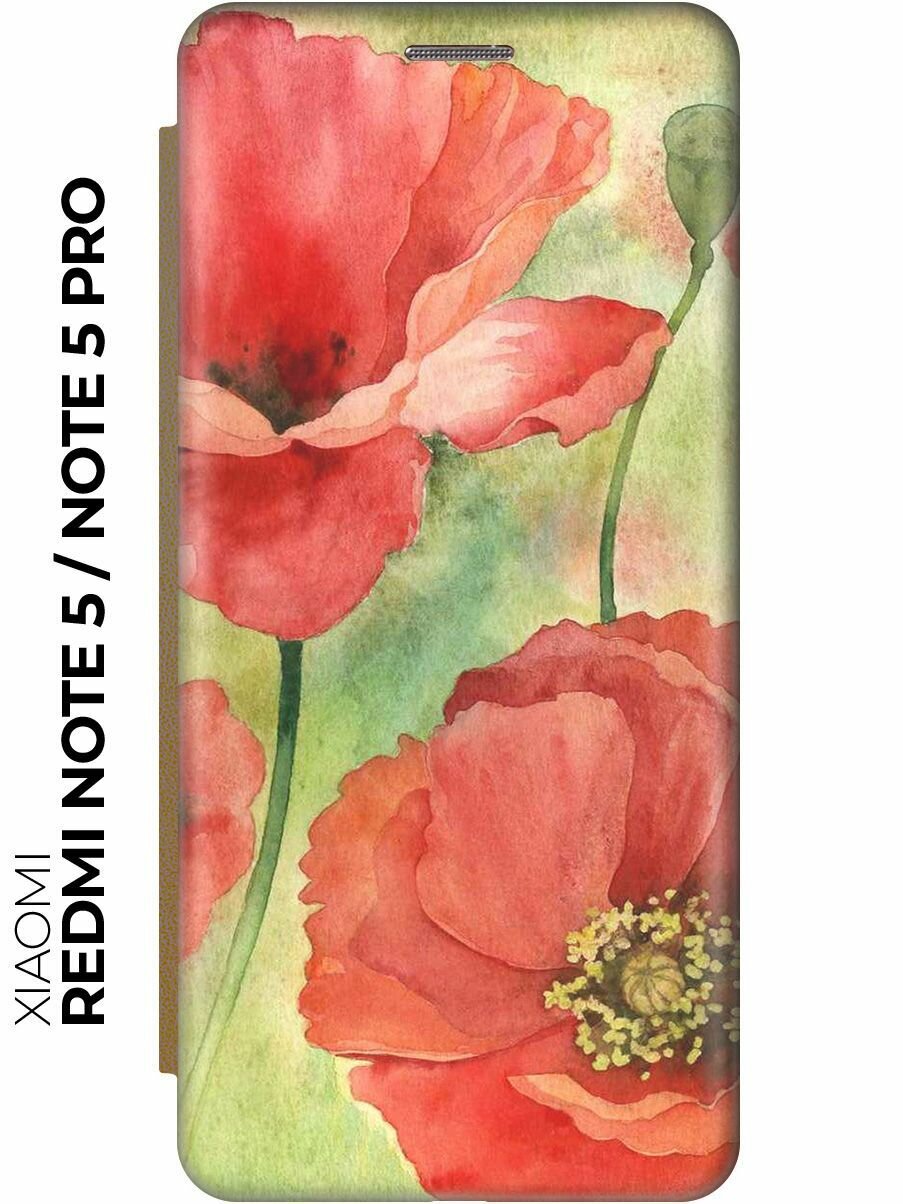 Чехол-книжка Алые маки на Xiaomi Redmi Note 5 / Note 5 Pro / Сяоми Редми Ноут 5 / Ноут 5 Про золотой