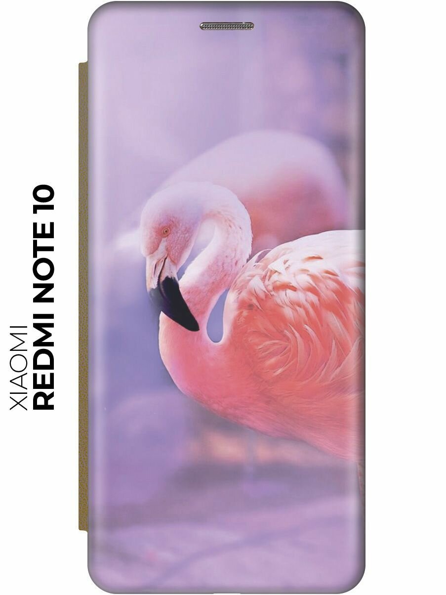 Чехол-книжка Розовый фламинго на Xiaomi Redmi Note 10 / Note 10S / Poco M5s / Сяоми Редми Ноут 10 / Ноут 10С / Поко М5с золотой