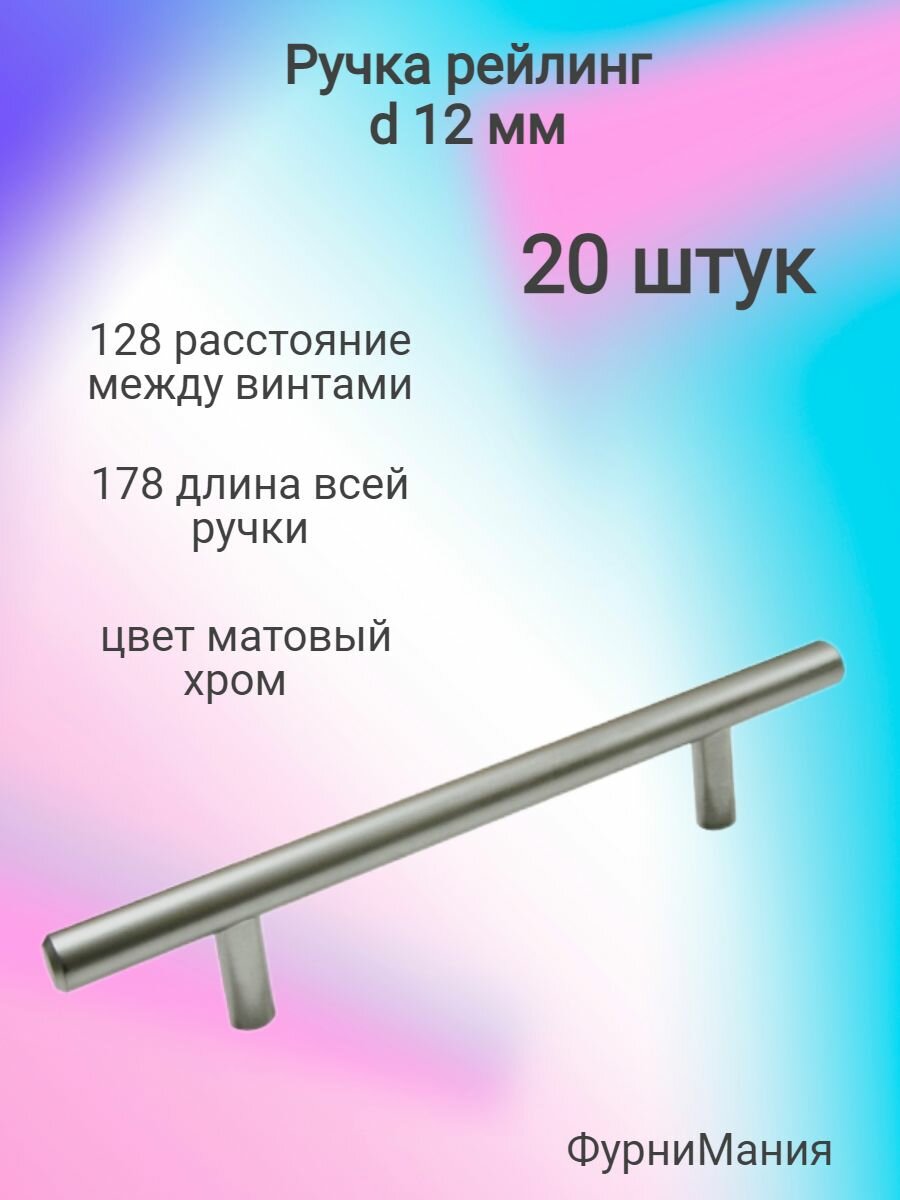 Ручка мебельная, рейлинг, диаметр 12 mm 128/178, мат. хром ( 20 шт. )