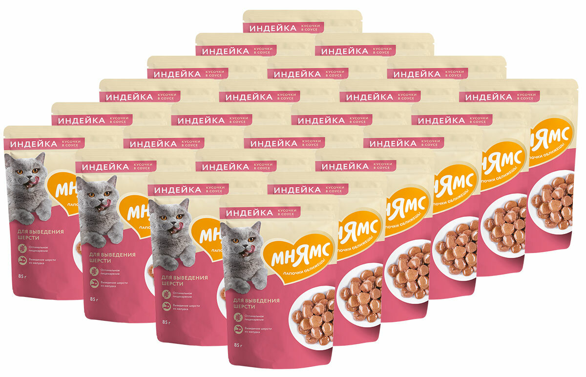 Мнямс для взрослых кошек для выведения шерсти с индейкой в соусе пауч 85 гр 85 гр х 24 шт