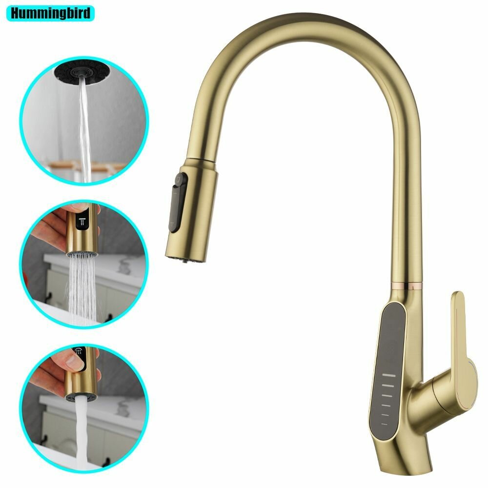 Кухонные краны с подключением к фильтру питьевой воды с LED дисплеем дисплеем температуры с выдвижной лейкой 3-ух режимная Zhesheng-Z08J золото