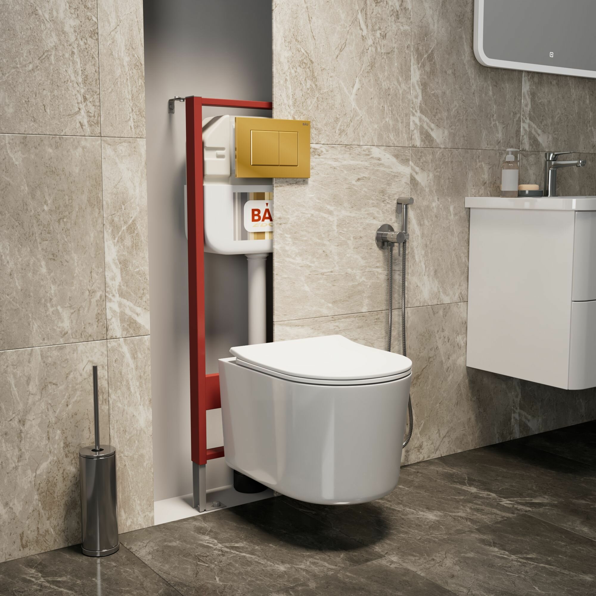 Комплект BAU 6 в 1: рамная инсталляция BAU NEO 45, унитаз подвесной безободковый Bau Hotel PRO, быстросъемное сиденье микролифт, кнопка смыва BAU Stil, золото