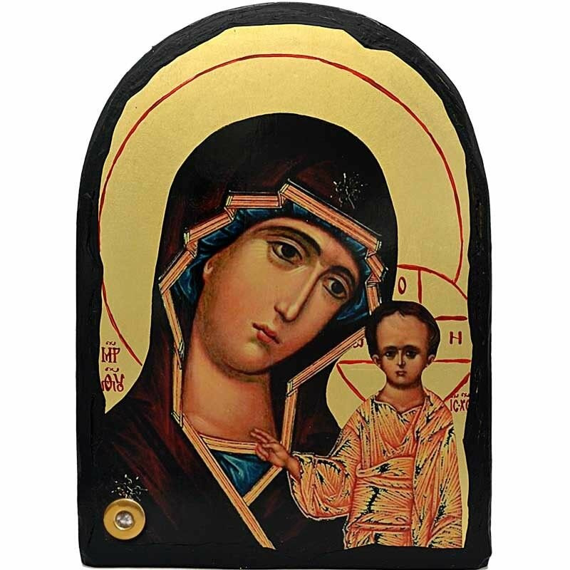 Казанская Богоматерь. Афонская икона под старину с мощевиком. (17 х 23 см / под старину / Арочная)