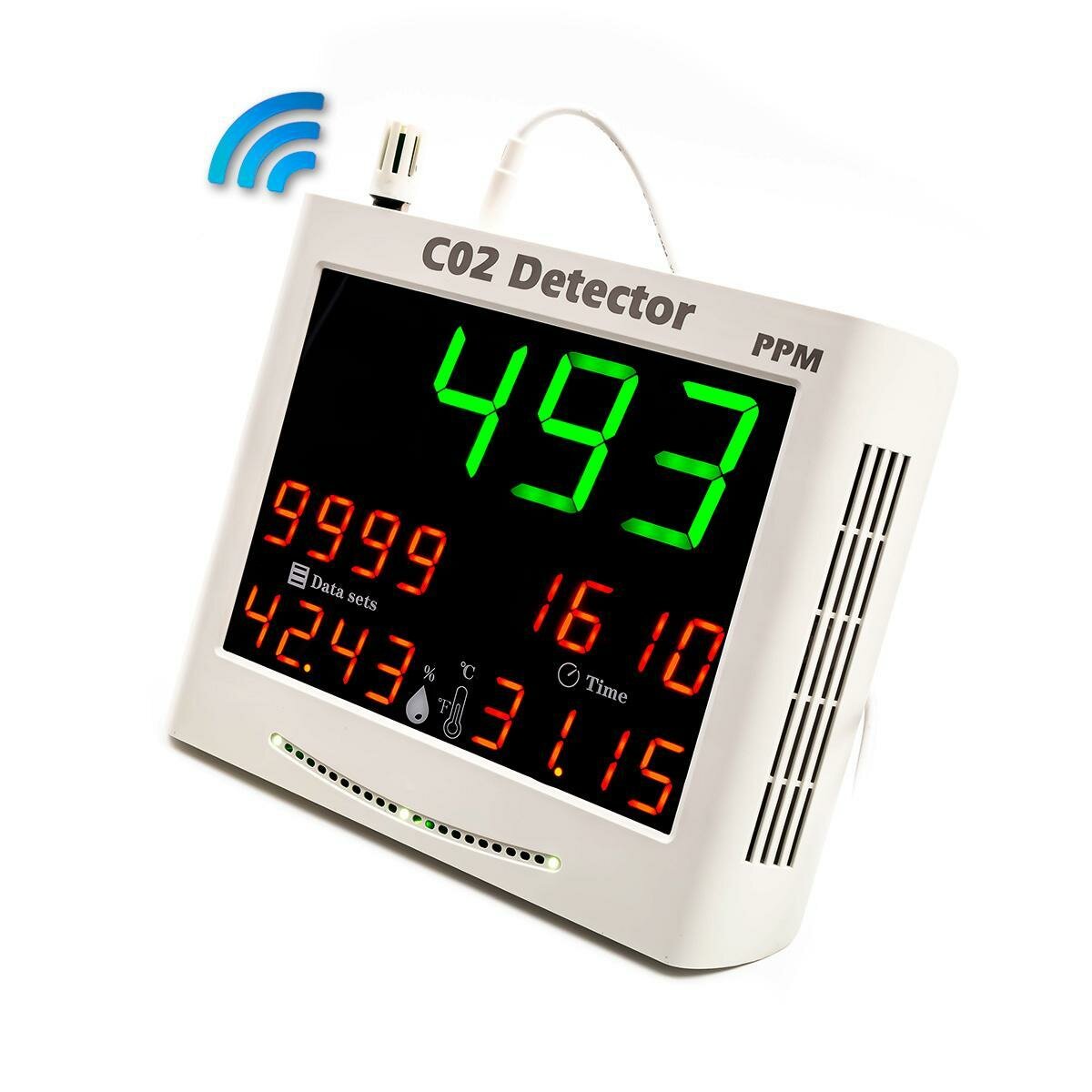 Настенный TUYA датчик-анализатор качества воздуха HZ9110-HTI(EU) Wi-Fi сигнализатор 3 в 1: CO2, температура и влажность. Огромный дисплей.