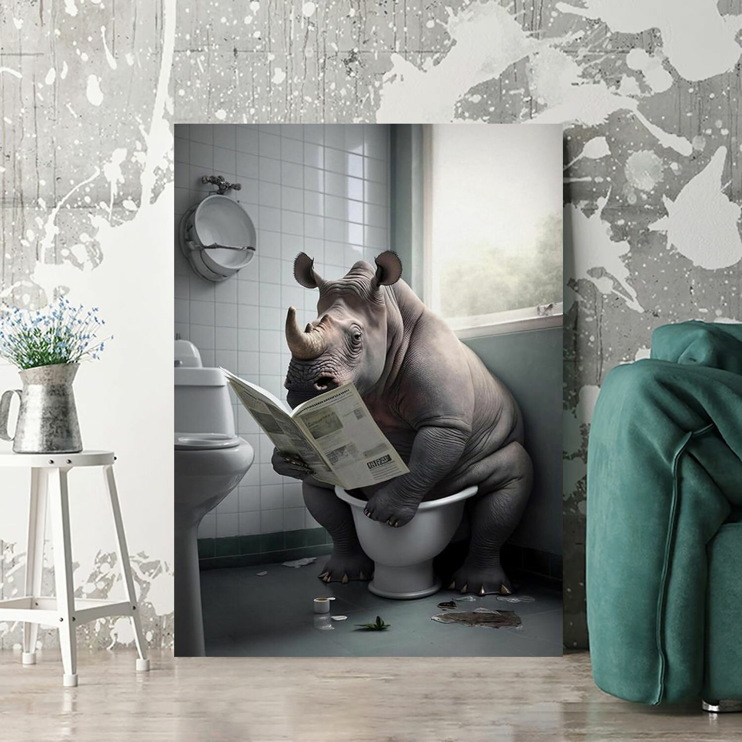 Картина в туалет, ванную комнату Носорог читает газету, 30х40 см.